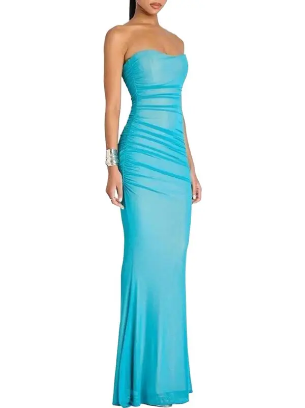 Retrofete Quintessa Ruched Mesh Strapless Gown - Sarcelle
