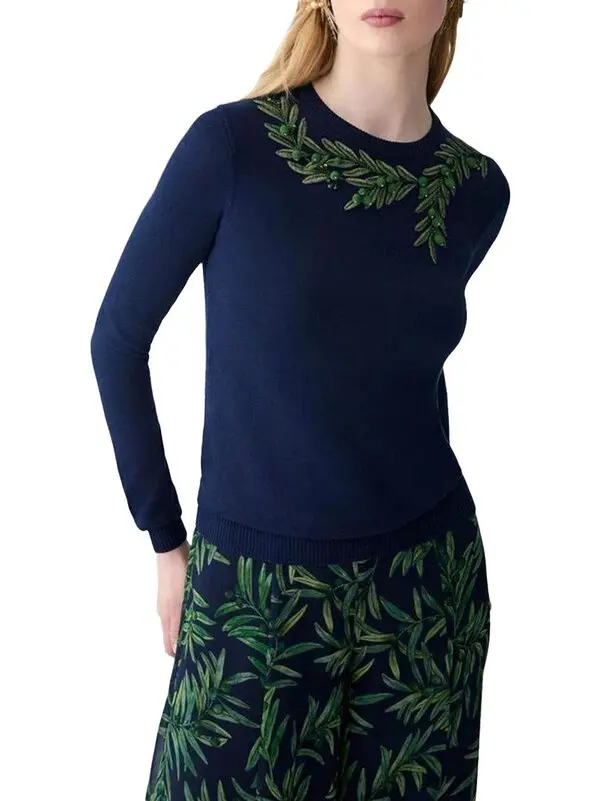 Carolina Herrera Olive Branch Embroidered Silk-cotton Crewneck Sweater - Midnight Multi