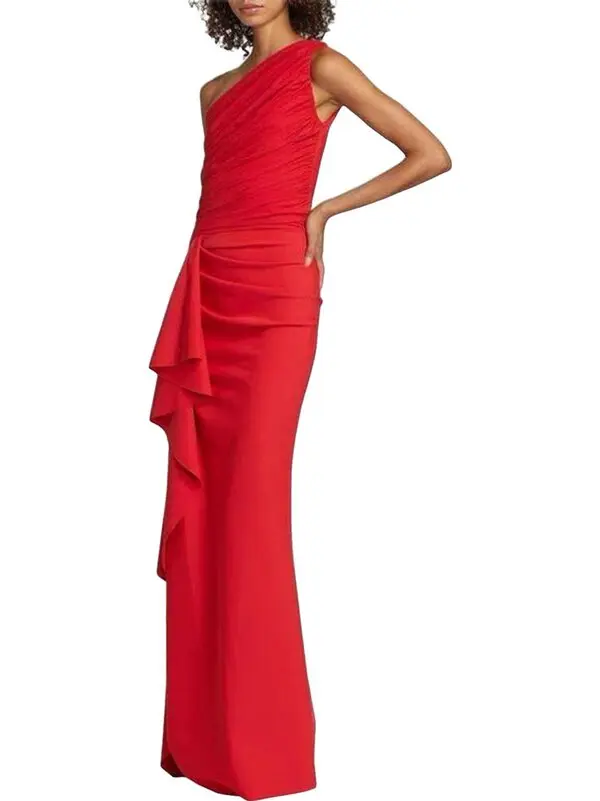 Chiara Boni La Petite Robe Ruched One-shoulder Ruffle Gown - Passion