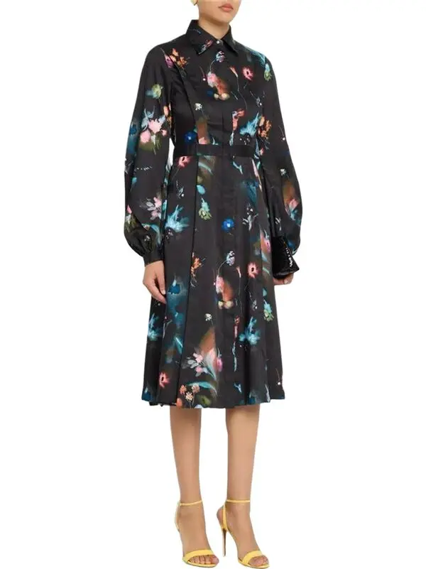 Prabal Gurung Balloon Long-sleeve Floral-print Midi Dress - Black Mult