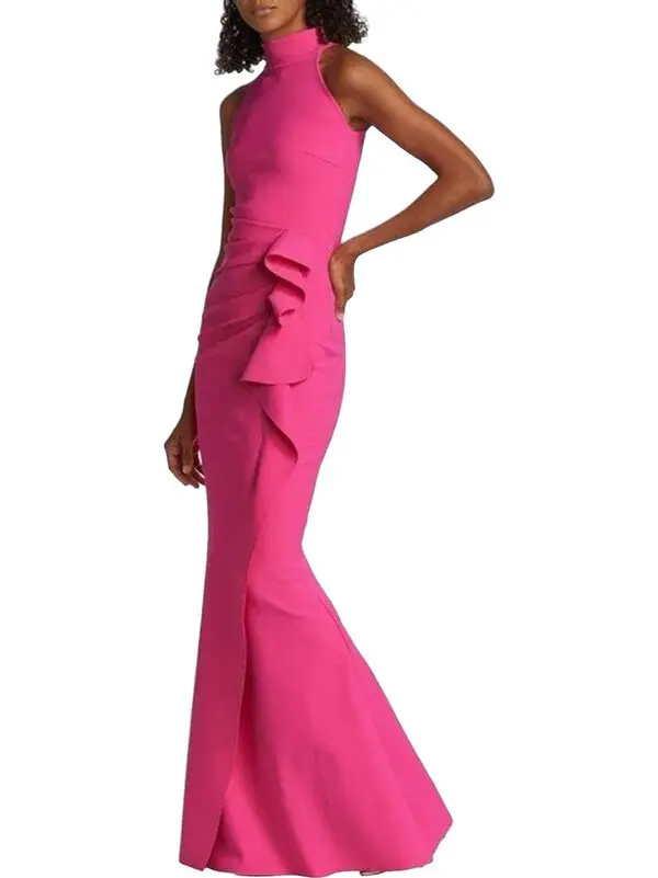 Chiara Boni La Petite Robe Gudrum Halter Ruffle Gown - Fuchsia