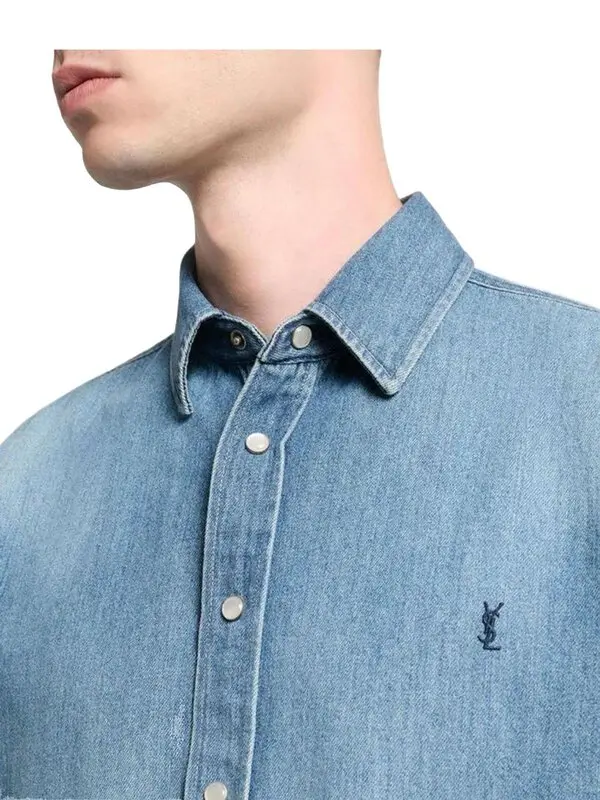 Saint Laurent Apos;s Colorado Embroidered Cassandre Snap-front Denim Shirt - Sky