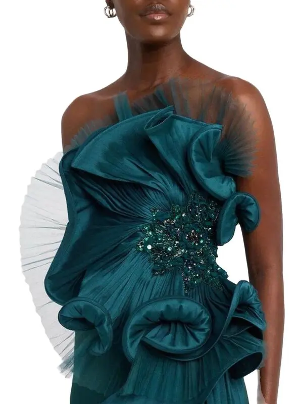 Badgley Mischka Satin Floral Strapless Column Gown - Pine