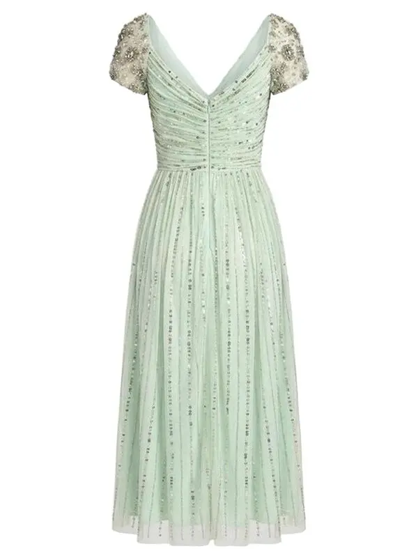 Mac Duggal Ruched Bead And Sequin Mesh Midi Dress - Sage