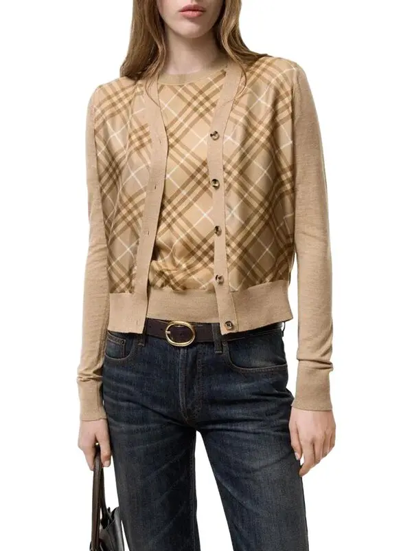 Burberry Check Silk Paneled Crewneck Cardigan - Camel