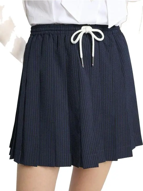 Thom Browne Pleated Seersucker Mini Drawstring Skirt - Navy