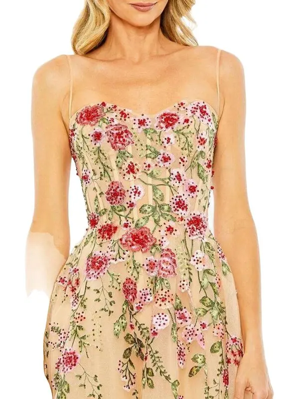 Mac Duggal Floral-embroidered Tulle Midi Dress - Nude Multi