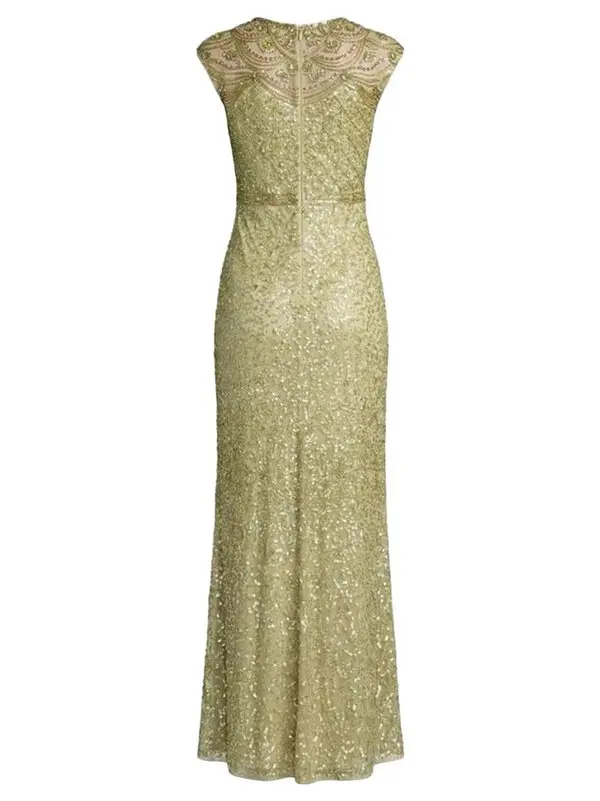 Mac Duggal Cap-sleeve Beaded Mesh Column Gown - Fern