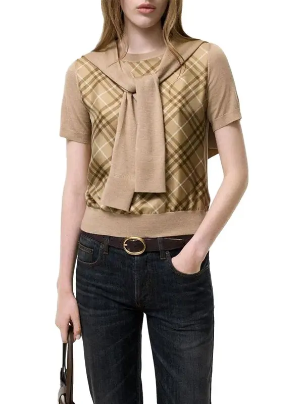 Burberry Short-sleeve Check Silk Paneled Crewneck Sweater - Camel