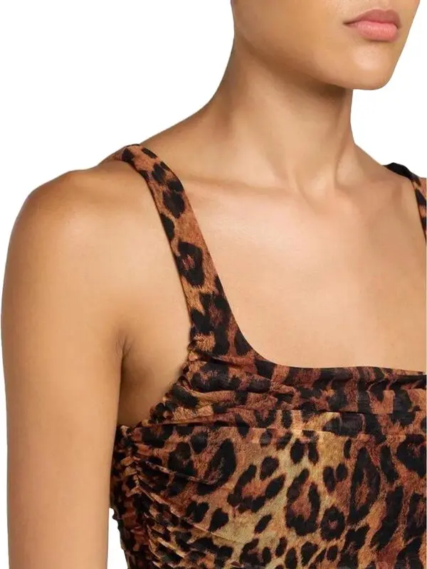 L & APOS;AGENCE Anya Shirred Leopard-print Mesh Sleeveless Midi Dress - Tan Multi