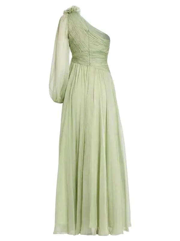 Mac Duggal Pleated One-shoulder Chiffon Gown - Sage