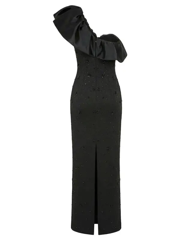 Mac Duggal Beaded Crepe One-shoulder Column Gown - Black