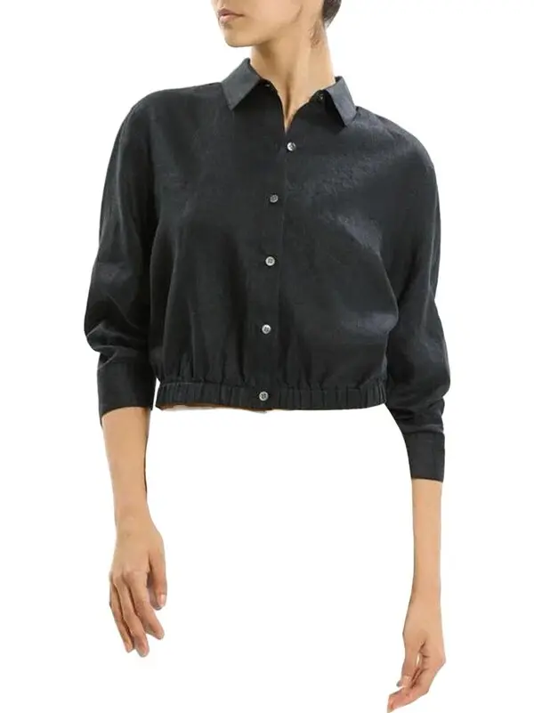 Theory Ruched-sleeve Cropped Linen Shirt - Black