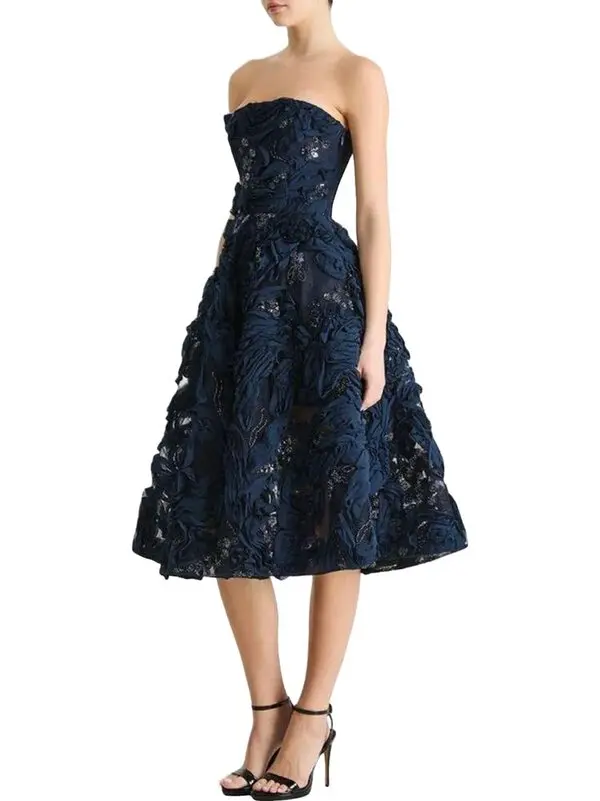 HELSI Florence Strapless Beaded Floral Mesh Gown - Midnight B