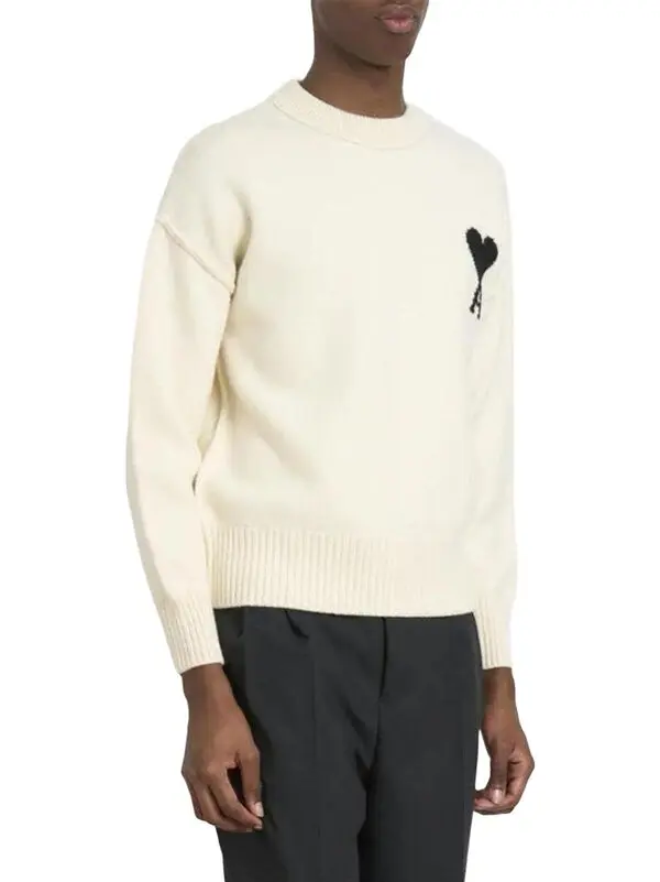 AMI Paris Apos;s De Coeur Wool Knit Crewneck Sweater - Off White/