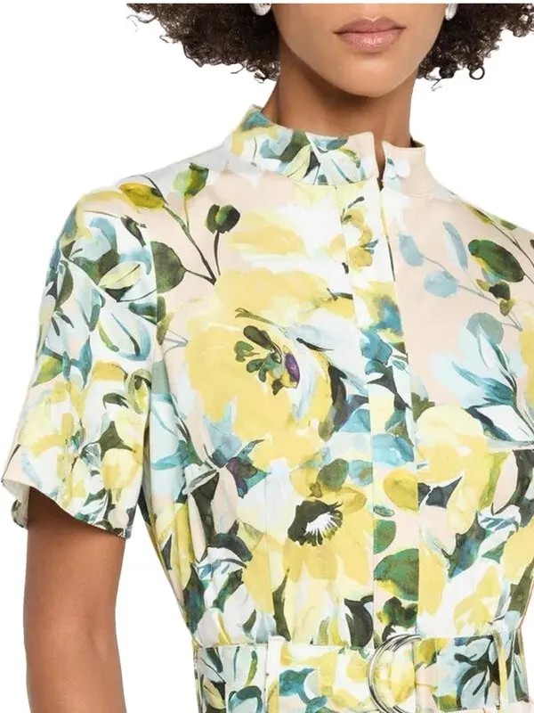 Rickie Freeman For Teri Jon Belted Floral-print Cotton Midi Shirtdress - Yellow Mul
