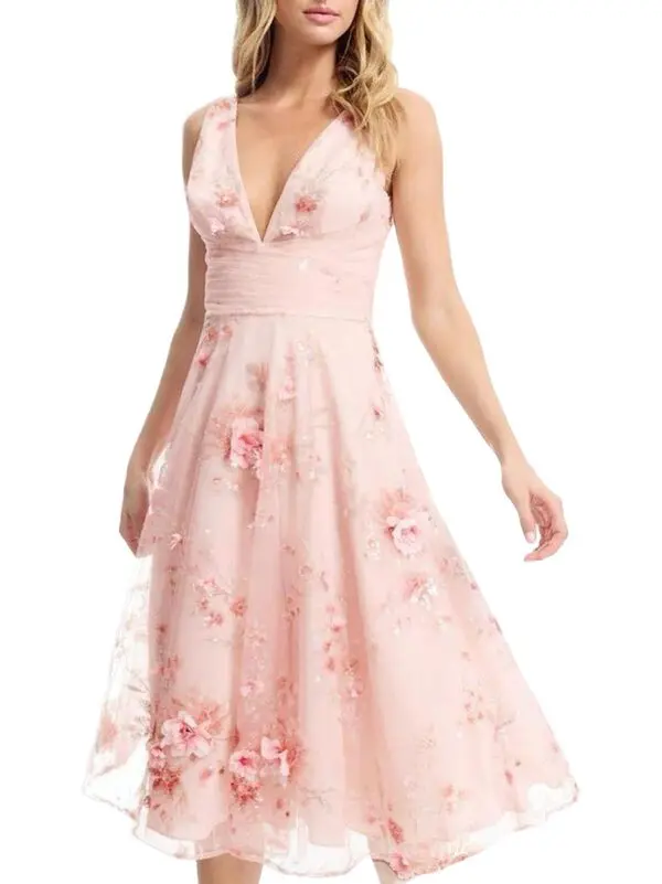 Dress The Population Posie Floral Applique Sequin Midi Dress - Blush Mult