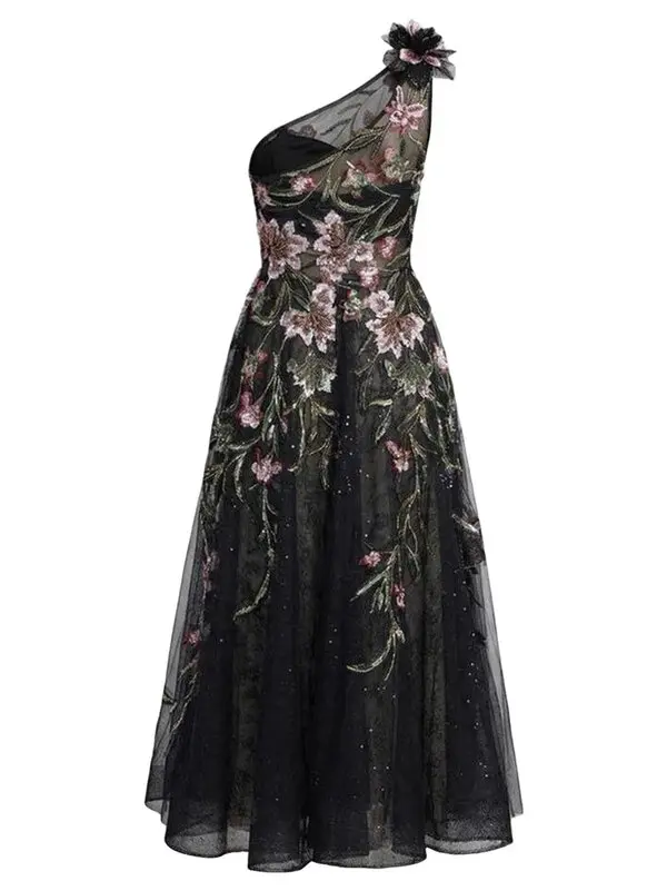Mac Duggal Sequined Floral-embroidered One-shoulder Cocktail Maxi Dress - Black Multi