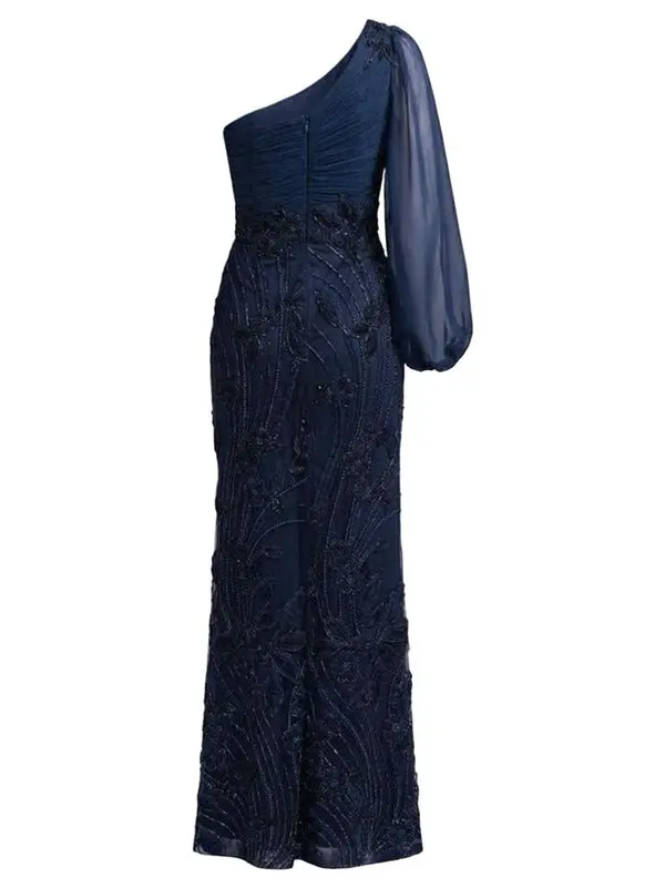 Mac Duggal Floral Appliqué Chiffon Trumpet One-shoulder Gown - Navy