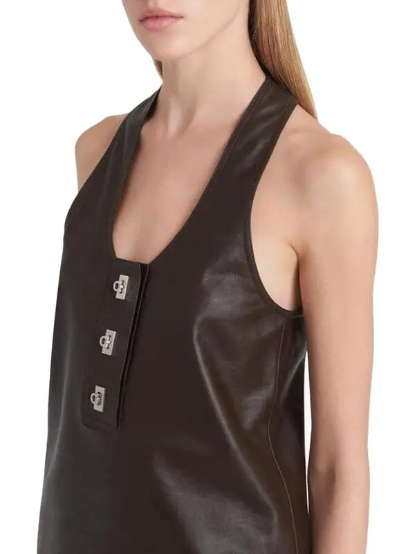 FERRAGAMO Toggle Nappa Leather Racerback Tank Top - Expresso