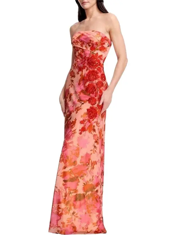 Dress The Population Kinley Strapless Floral-print Chiffon Gown - Peach Mult