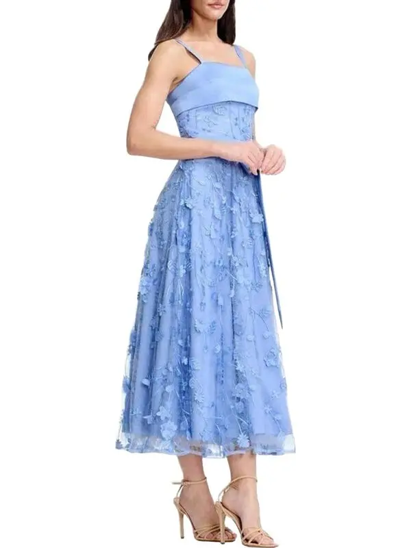 Dress The Population Leona Embroidered Lace & Satin Midi Dress - Sky