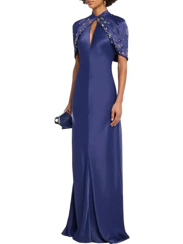 Alberta Ferretti Embellished Capelet-sleeve Keyhole Satin Gown - Blue