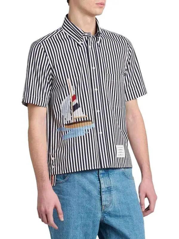 Thom Browne Apos;s Sailboat-embroidered Wide Striped Poplin Shirt - Navy