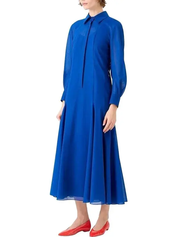 Akris Long-sleeve Cotton Voile Fit-&-flare Midi Shirtdress - Lapis Blue