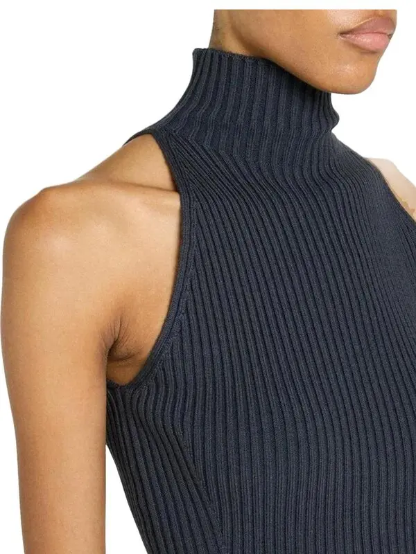 Alaïa Mock-neck Wool-blend Rib Halter Top - Gris Bleu