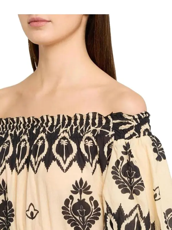 Johanna Ortiz Harbor Hues Off-the-shoulder Cotton Ankle Dress - Ecru/black