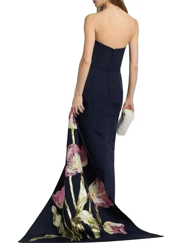 Amsale Strapless Sequined Floral Cape Column Gown - Navy