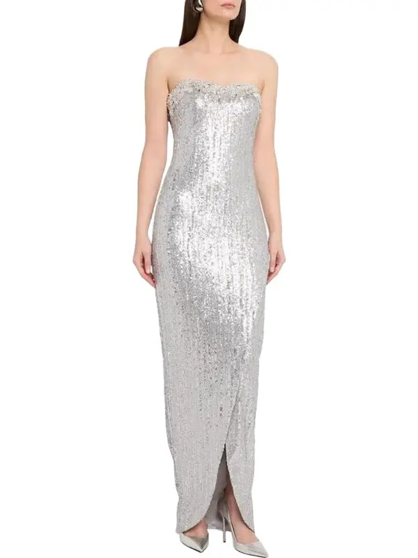 Pamella Roland Strapless Sequined Column Gown - Silver