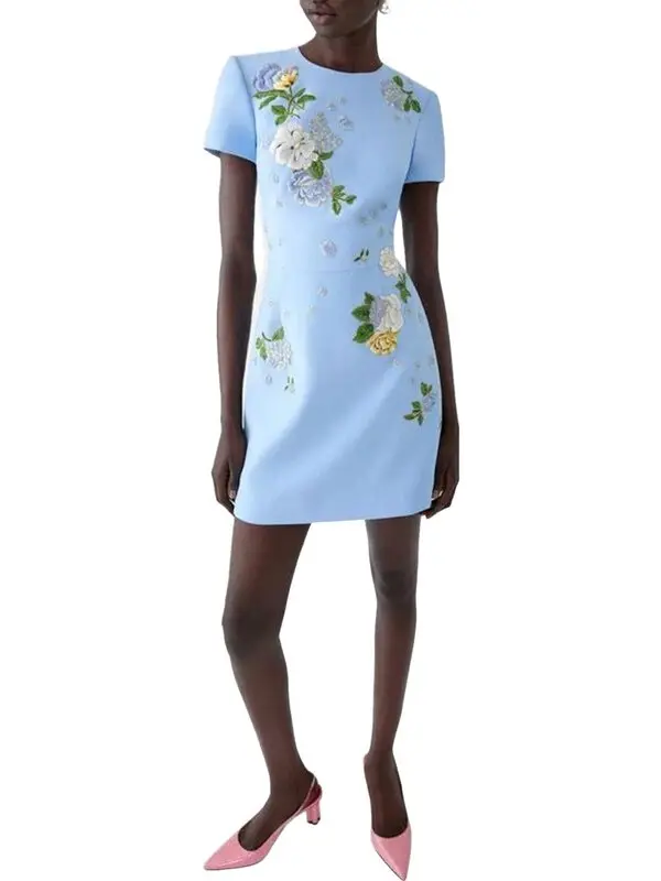 Carolina Herrera Embroidered Short-sleeve Bow Cutout Mini Dress - Cloudy Blu