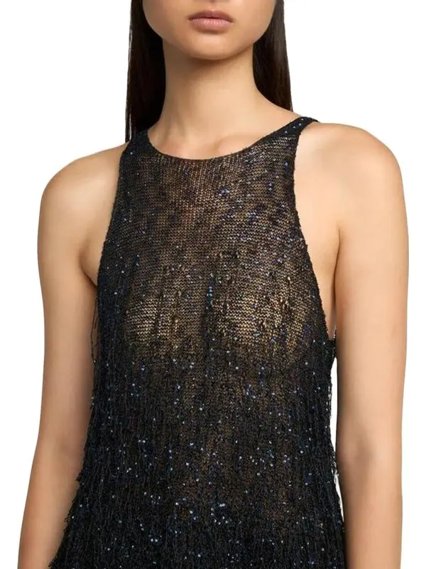 Giorgio Armani Sleeveless Beaded Fringe Knit Top - Multi