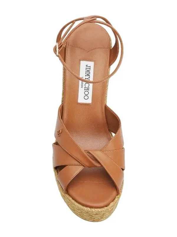 JIMMY CHOO Korra 100mm Leather & Raffia Wedge Sandals - Tan