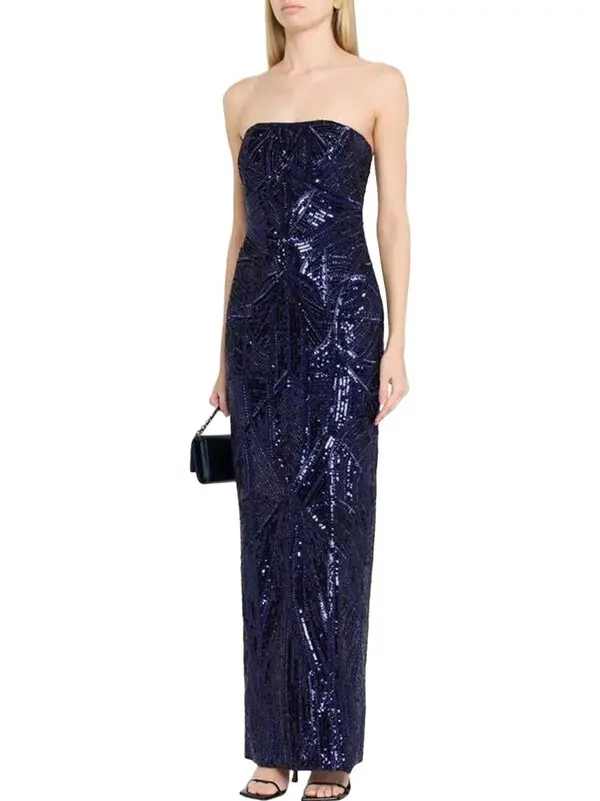 Pamella Roland Strapless Beaded Tulle Column Gown - Navy