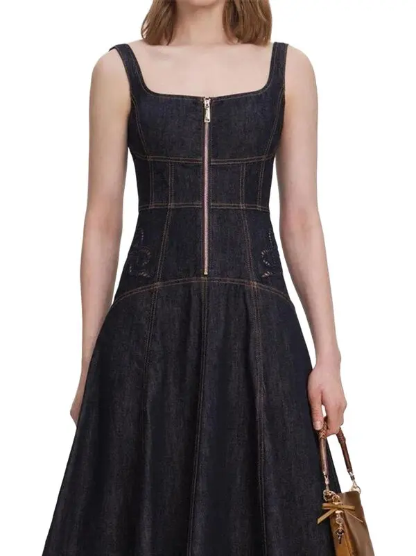 SELF-PORTRAIT Embroidered Denim Midi Dress - Blue