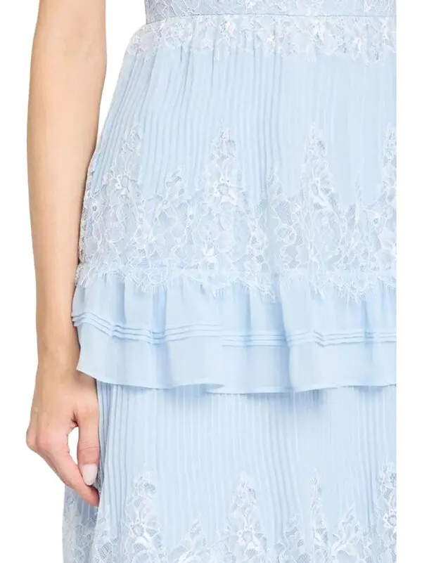 SELF-PORTRAIT Chiffon Lace Tiered Midi Dress - Blue