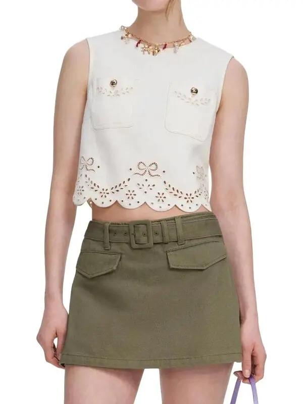 SELF-PORTRAIT Embroidered Denim Sleeveless Top - Ecru