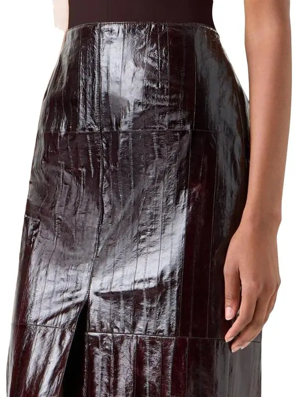 Akris Lacquered Eel Leather Slit Midi Pencil Skirt - Coffee