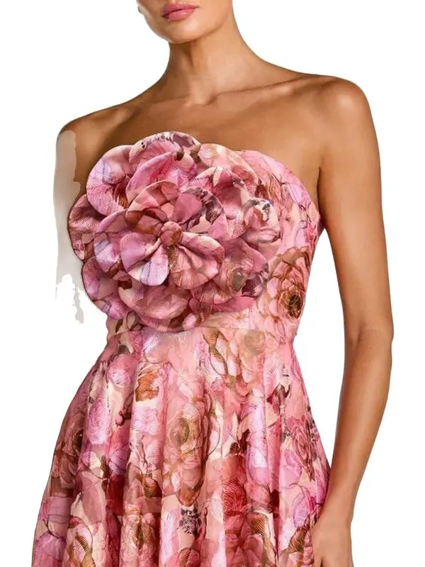 Mac Duggal Strapless Floral A-line Gown W/ 3d Flower - Rose Multi