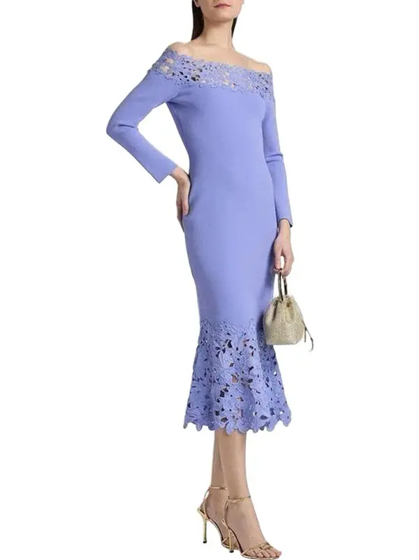 Theia Sia Off-shoulder Lace & Knit Midi Dress - Deep Periw
