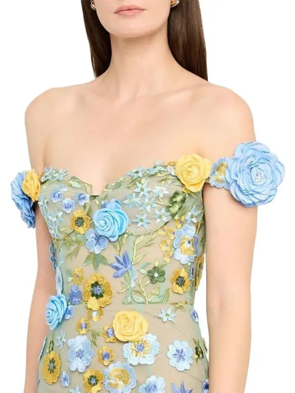 BRONX BANCO Jasmine Off-shoulder Floral Applique Gown - Blue Multi