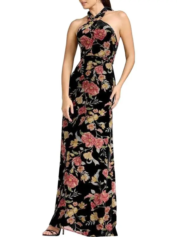 Dress The Population Brighton Velvet Floral Halter Maxi Dress - Black Multi