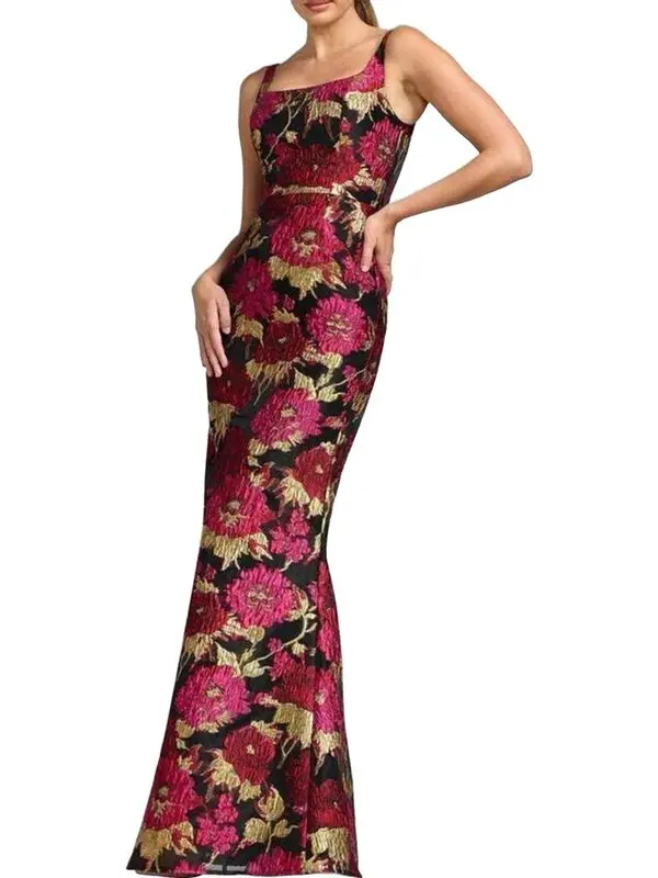 Dress The Population Lorena Brocade Mermaid Gown - Fuchsia Multi