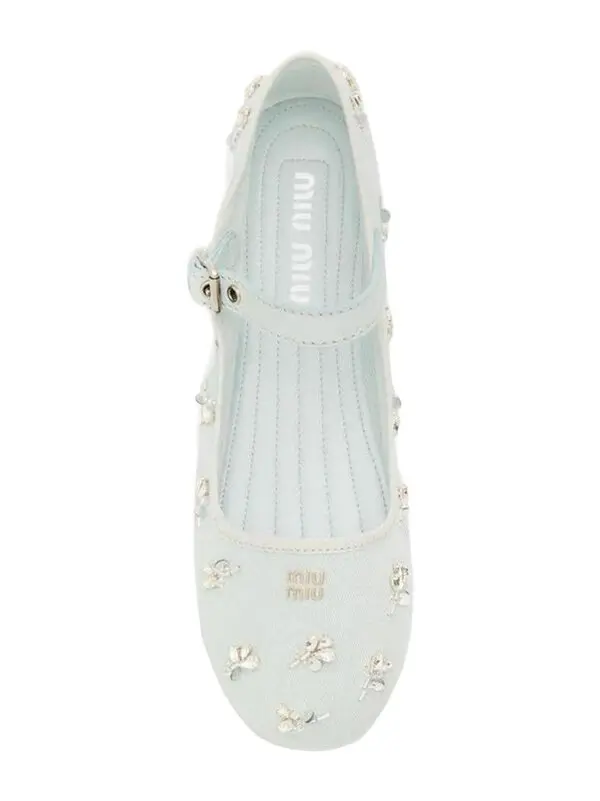 Miu Miu Embellished Canvas Mary Jane Ballerina Flats - Blue