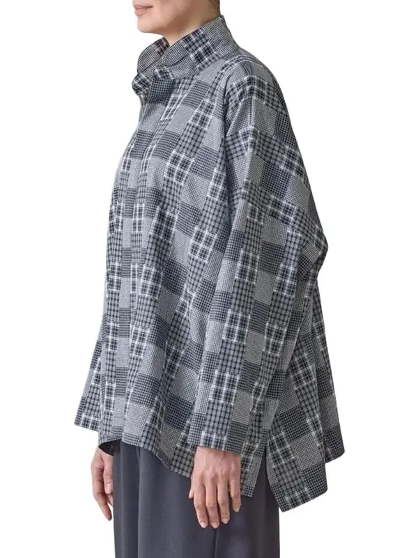 Eskandar Multi-plaid Cotton Wide Longer Back Shirt Jacket - Navydark