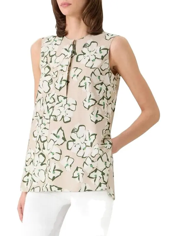 Akris Papercut Flower Print Cotton Poplin Sleeveless Tunic Blouse - Beige/cream