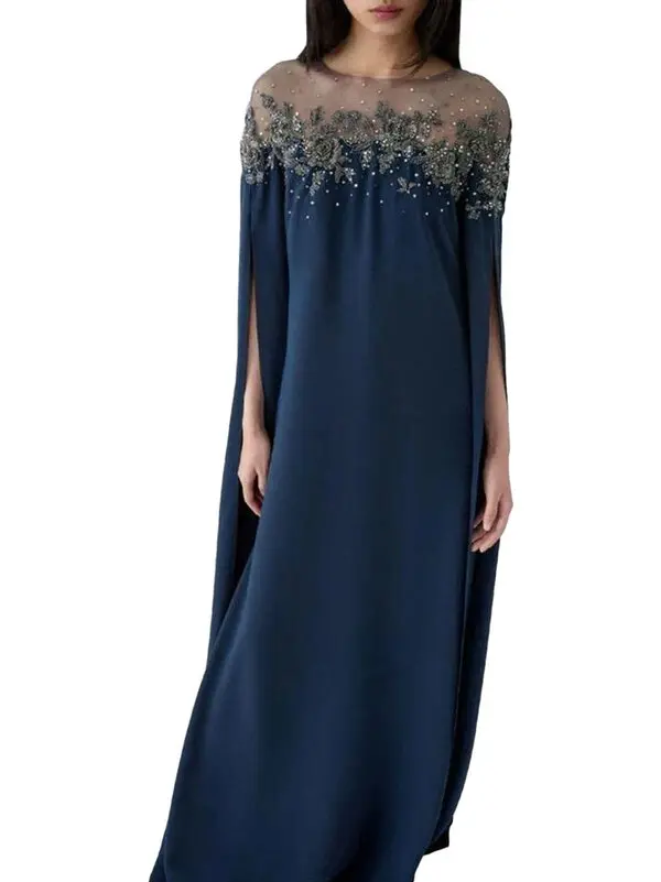 Carolina Herrera Embroidered Split-sleeve Illusion Gown - Midnight